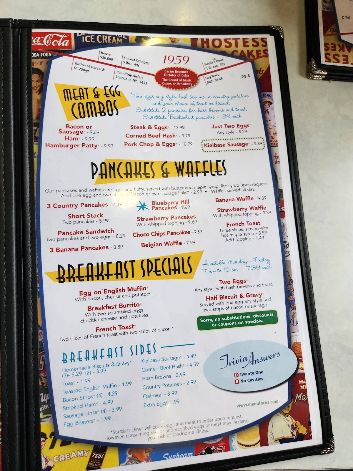 Menu at Stardust Diner cafe, Vancouver