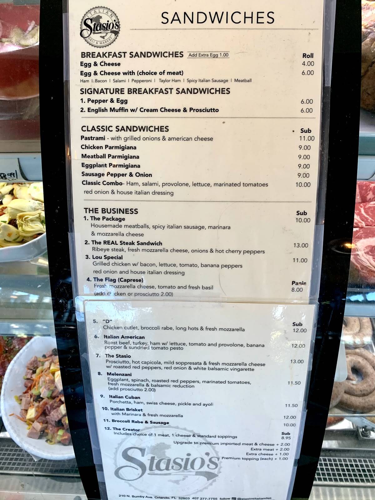 Menu at Stasio's Italian Deli & Market restaurant, Orlando