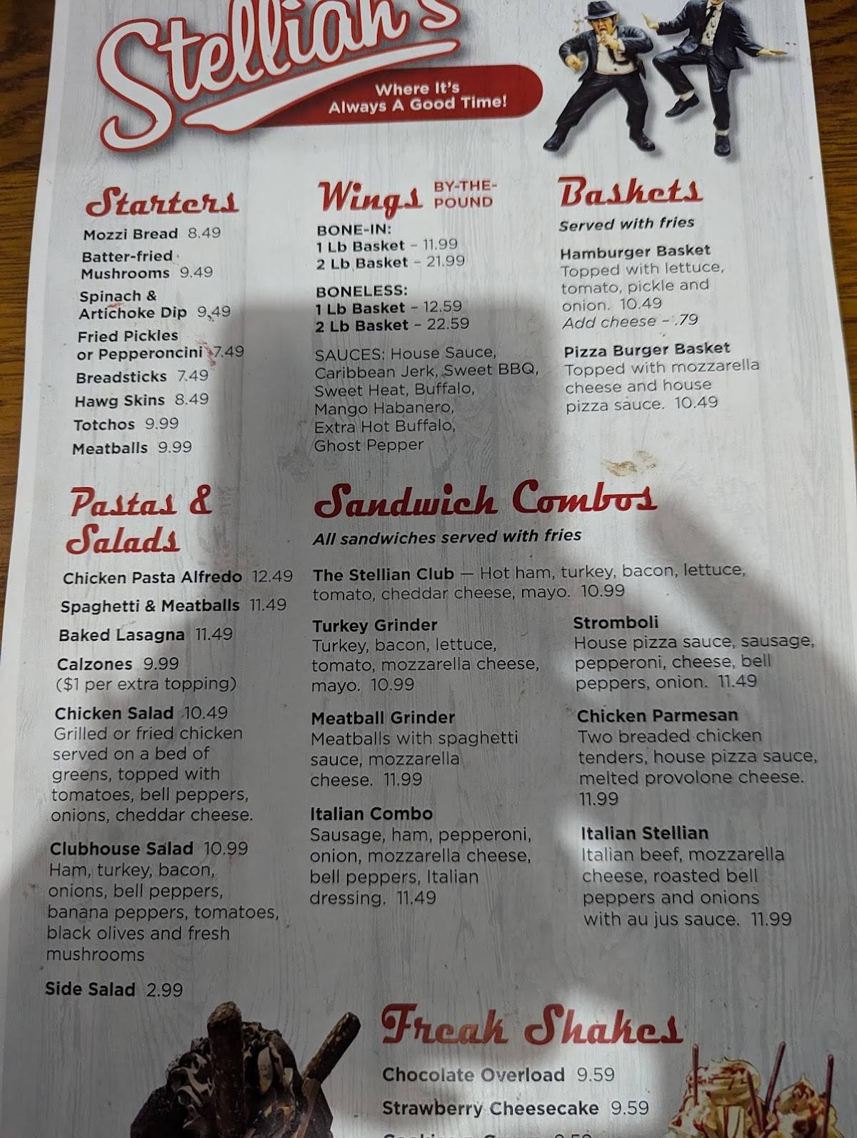 Menu at Stellian's restaurant, Central City