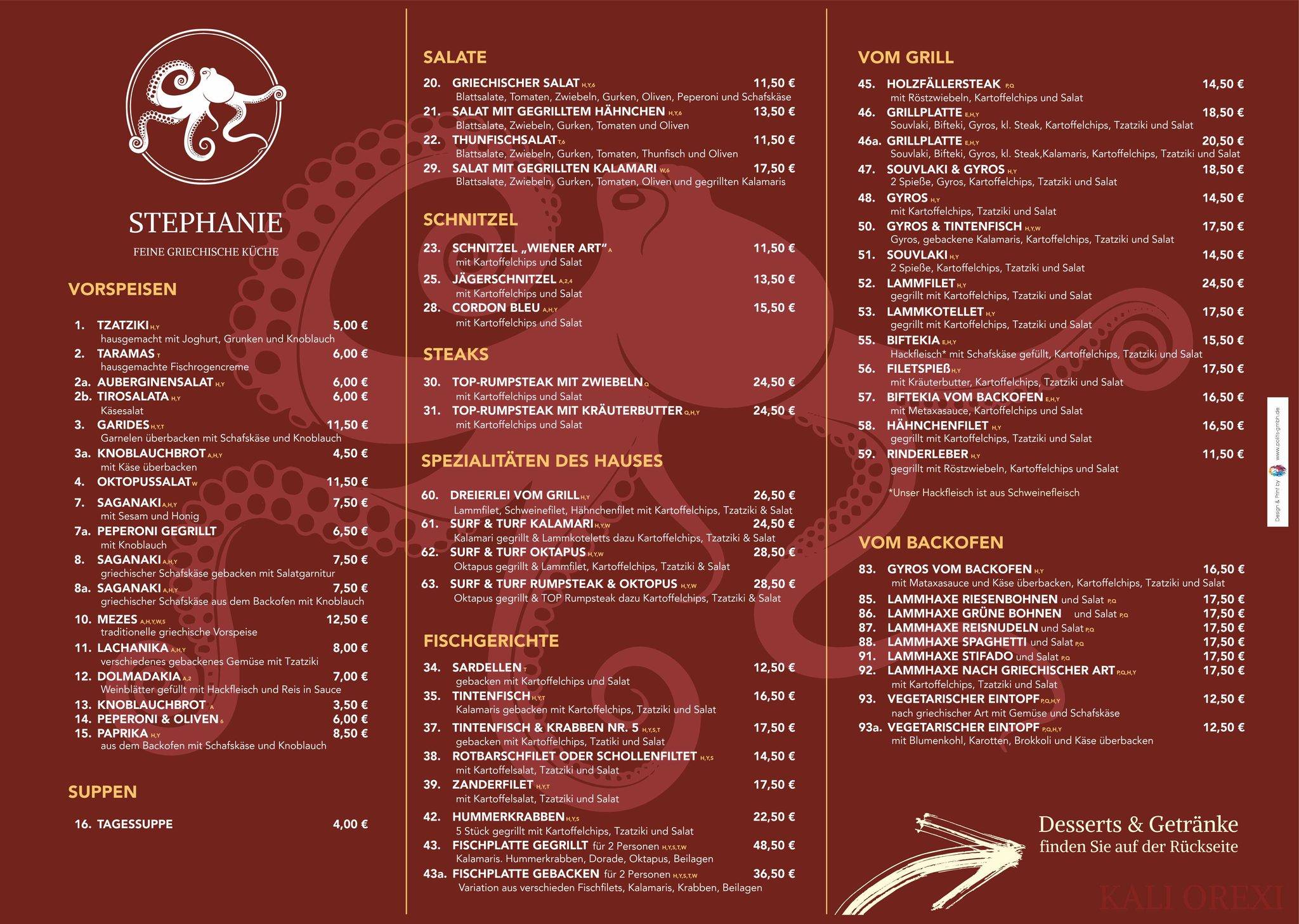 Menu au Restaurant Stephanie, Nuremberg