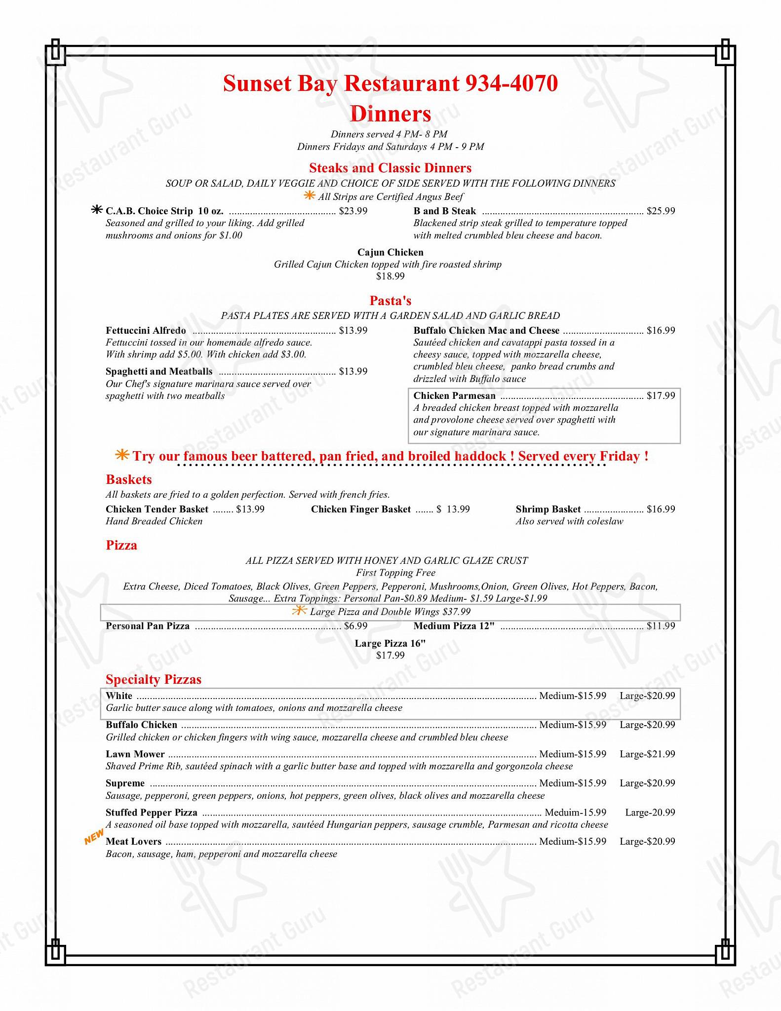 Menu at Sunset Bay Restaurant, Irving, 954 Main Rd