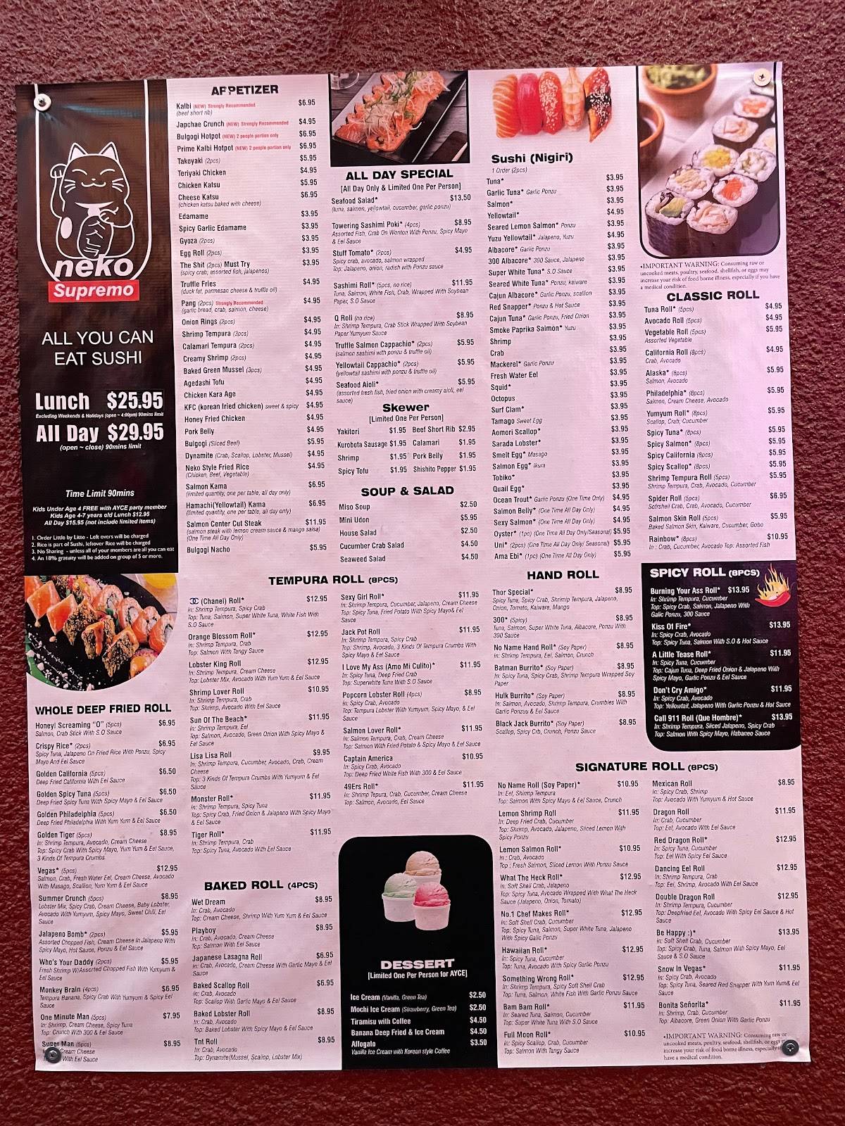 Menu at Sushi Neko restaurant, Las Vegas, W Spring Mountain Rd # 117