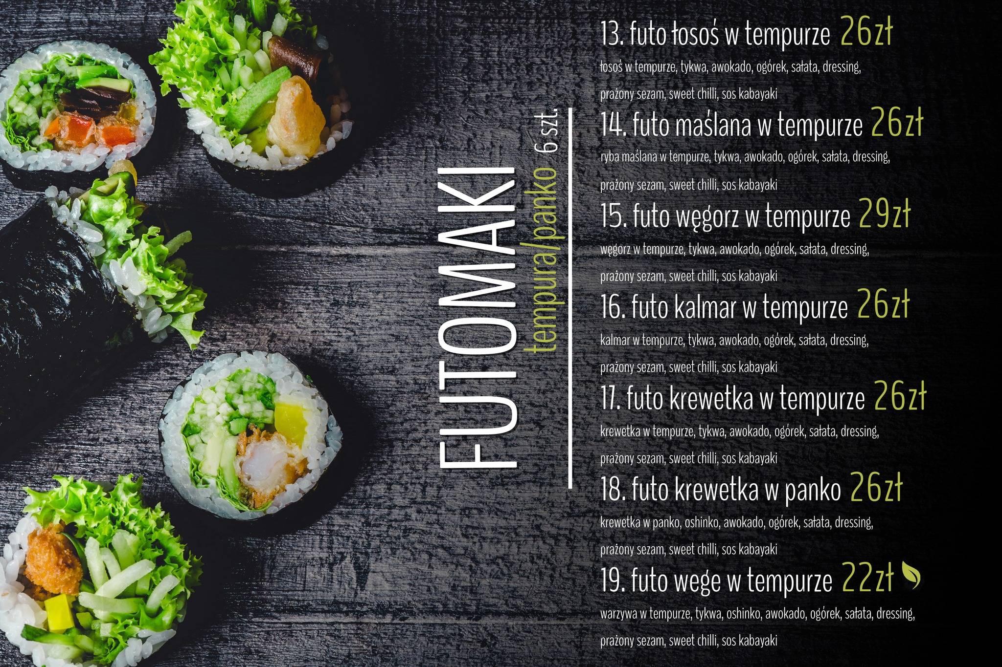 Menu at SushiRola restaurant, Gdańsk