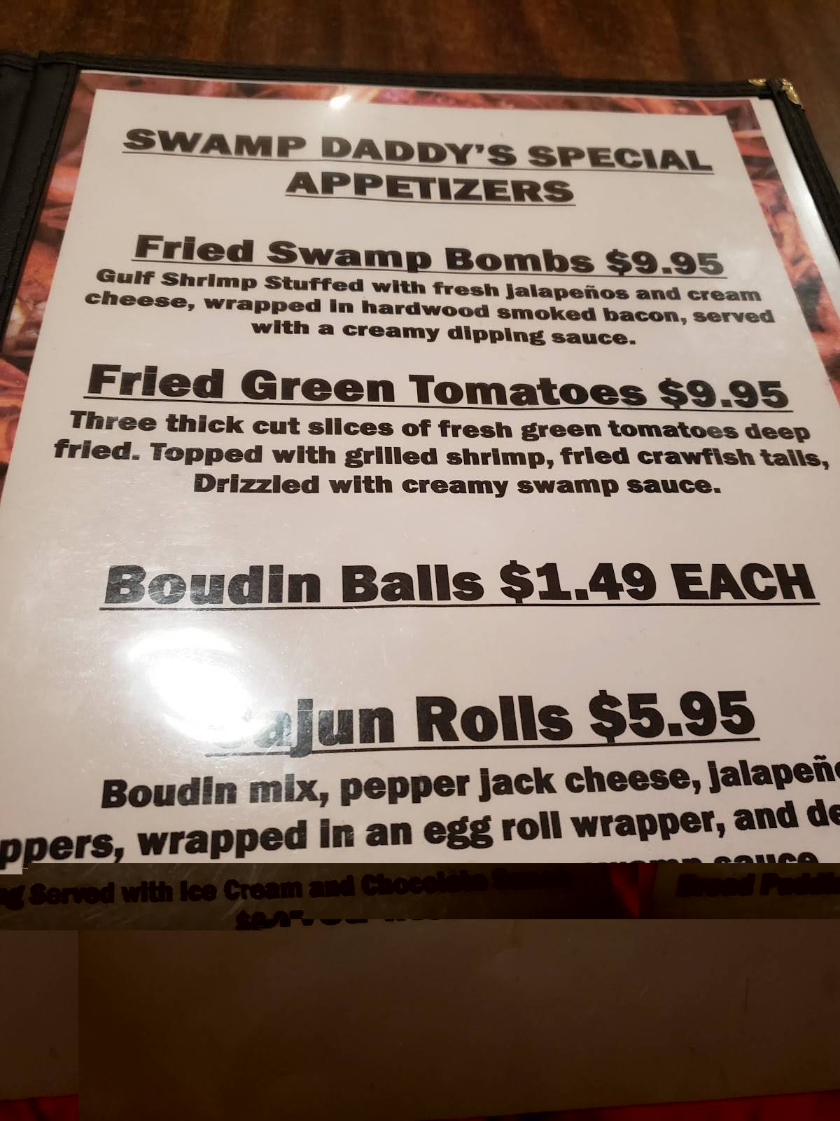 Menu at Swamp Daddy's restaurant, Alexandria, 55 MacArthur Dr