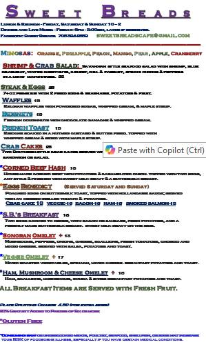 Menu at Sweet Breads restaurant, Demorest