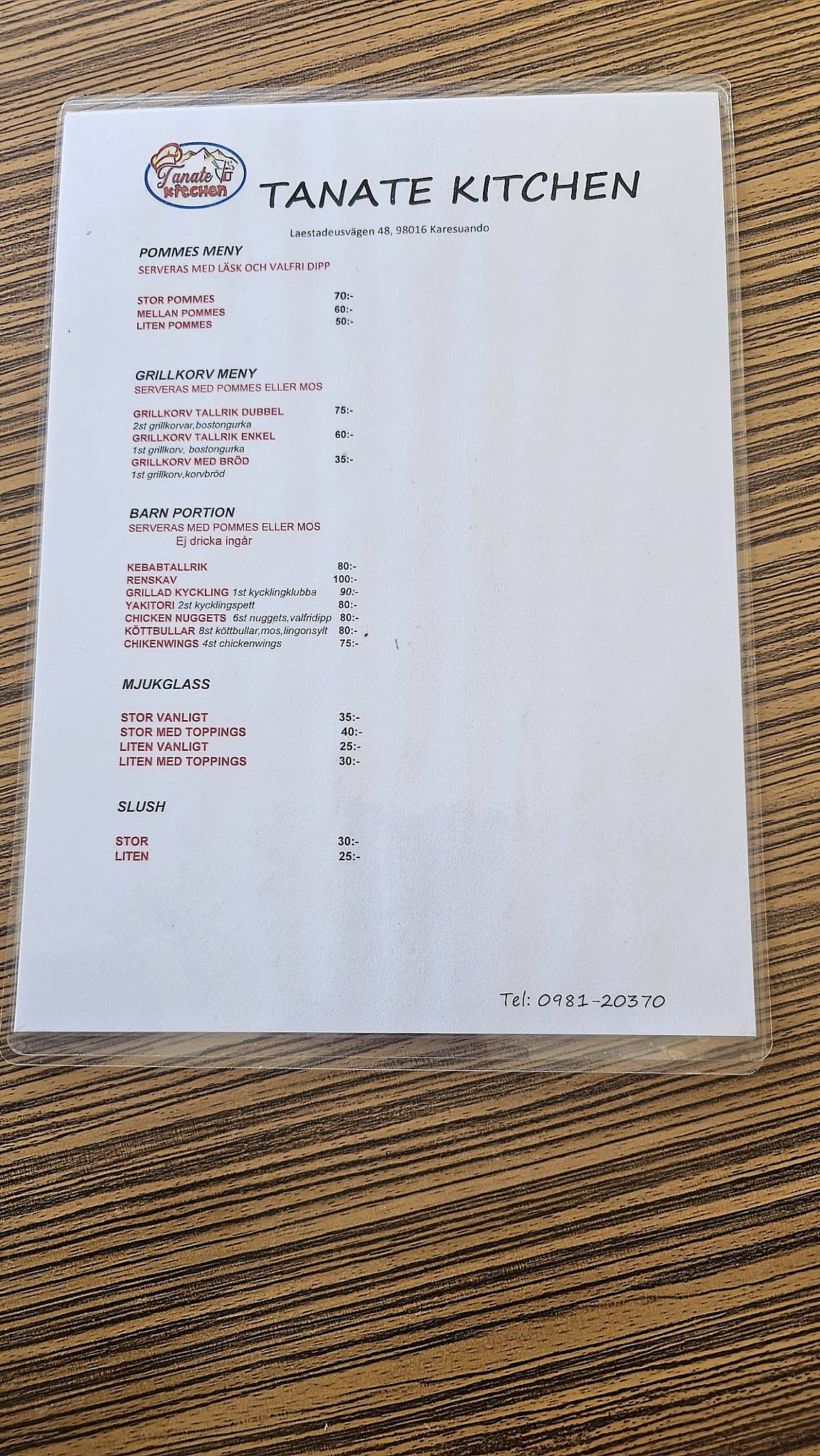 Menu at TANATE KITCHEN restaurant, Karesuando