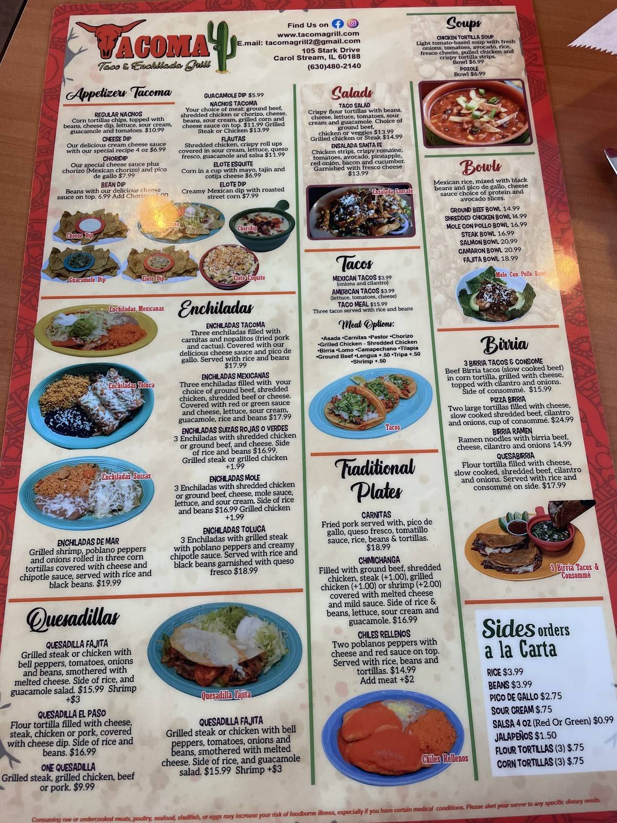 Menu at Tacoma Taco Enchilada Grill restaurant, Carol Stream