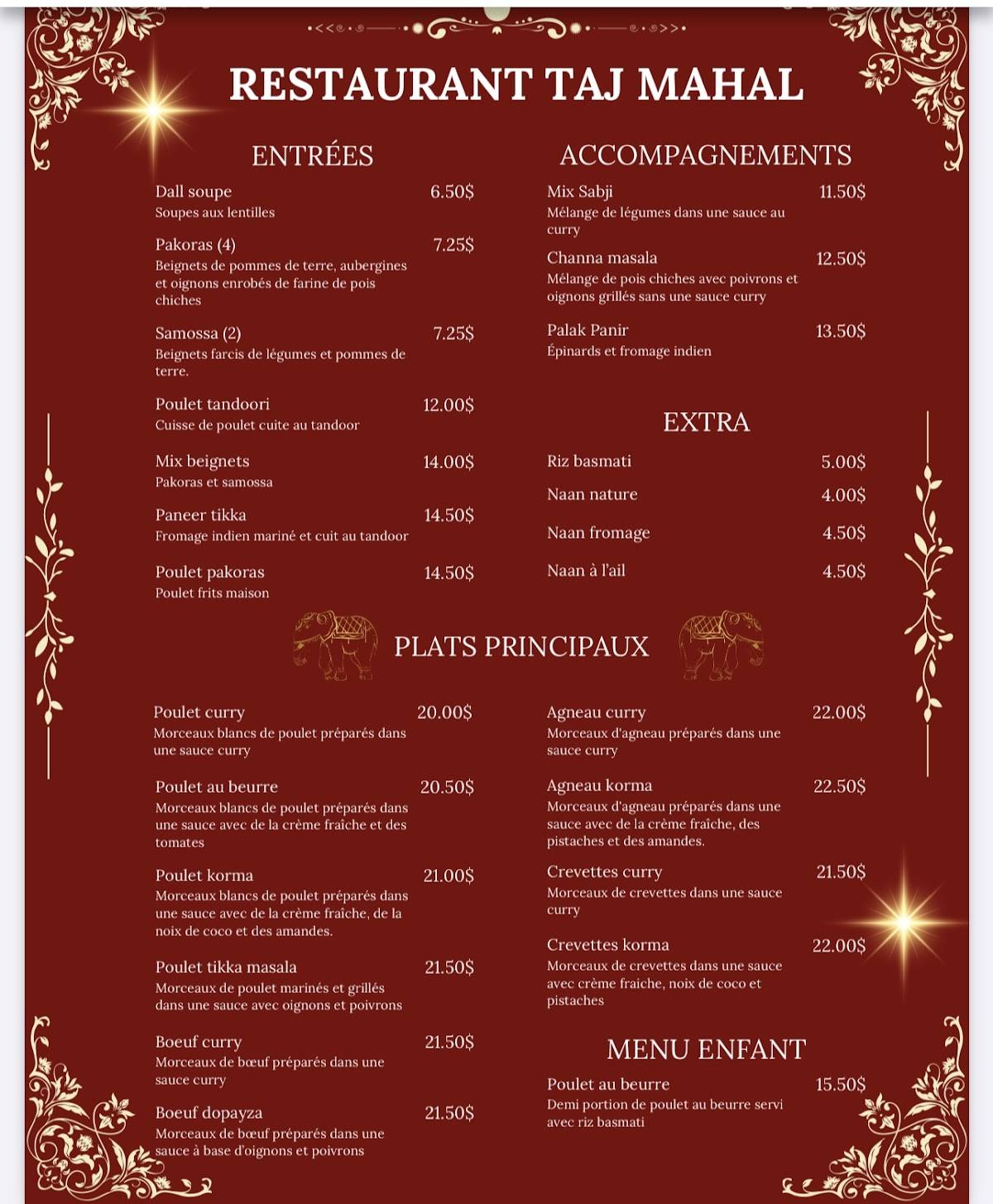 Menu au Restaurant Taj Mahal - Trois-Rivières - Apportez votre vin ...