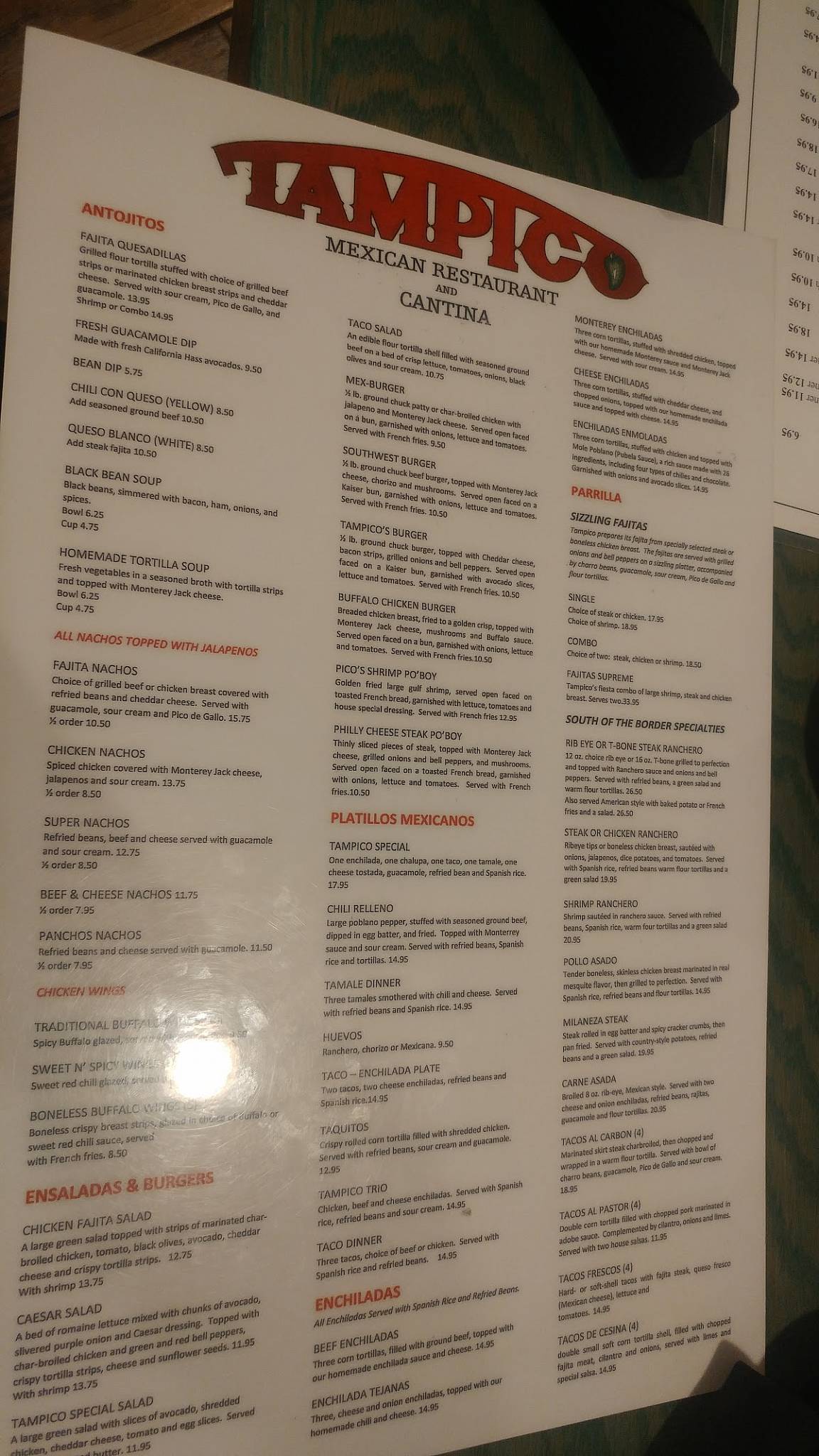 Menu at Tampico's restaurant, Bayou Vista