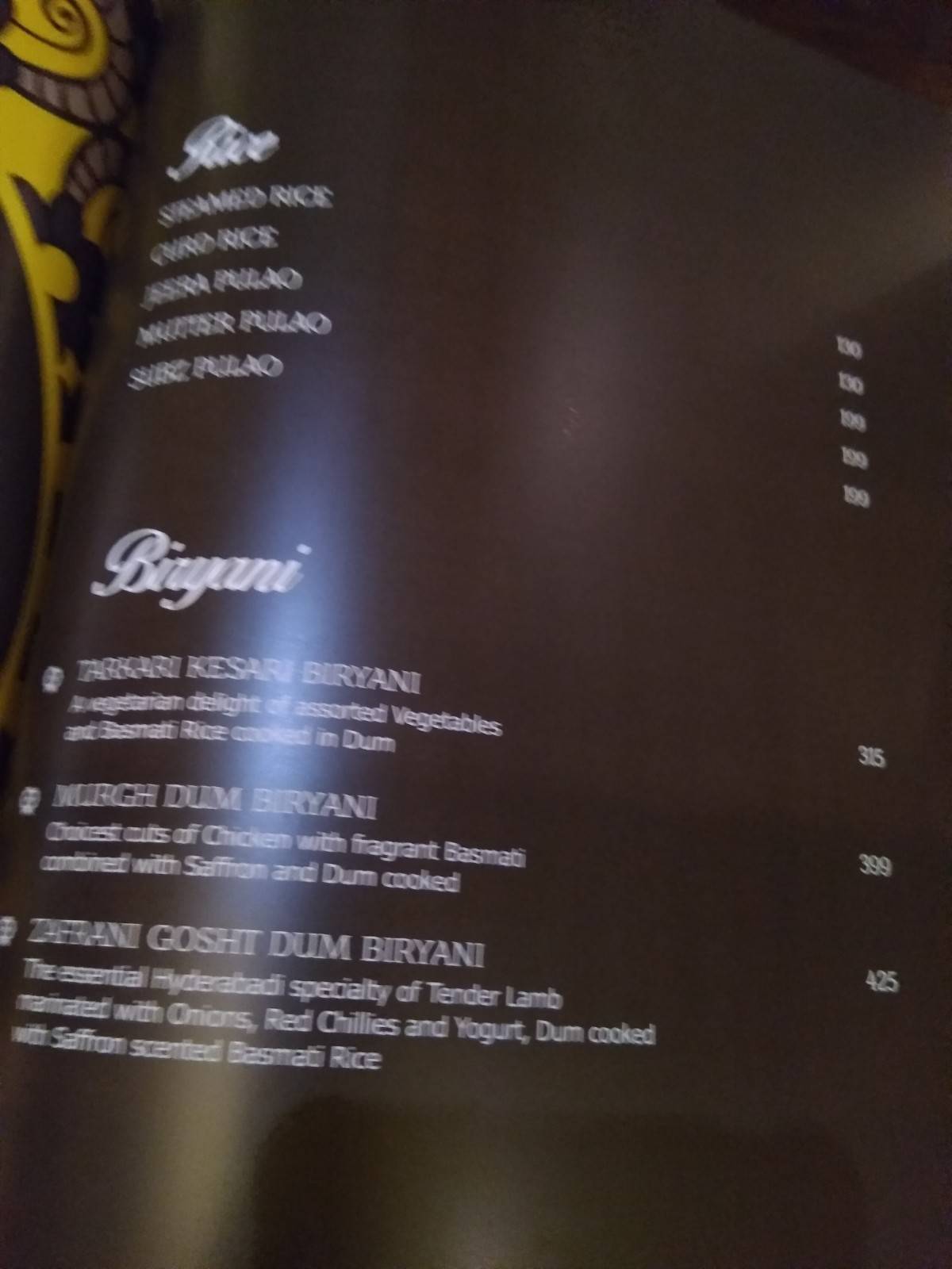 Menu at Tansen, Hyderabad, Ohri's Jalavihar