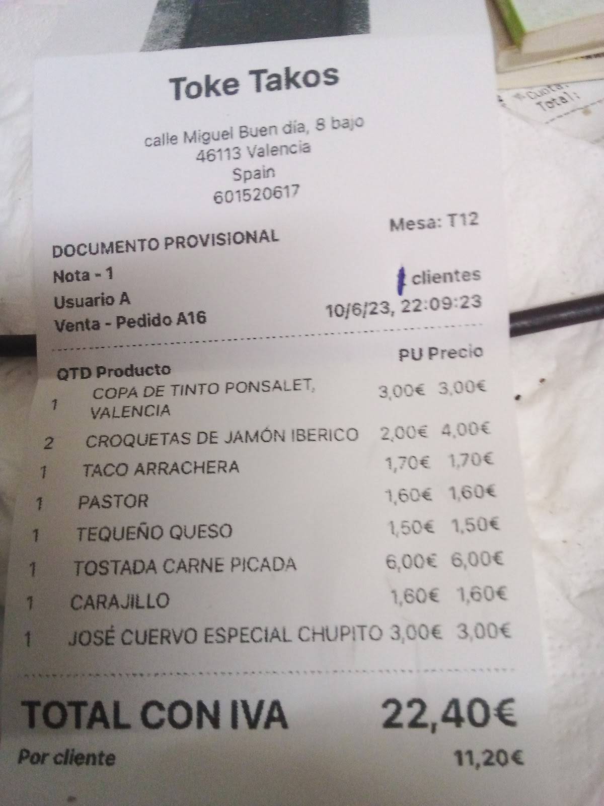 Carta del restaurante Taquería Toke Takos, Montcada