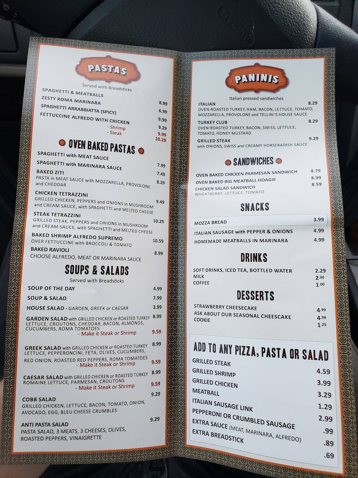 Menu at Tellini's Italiano restaurant, Huntsville