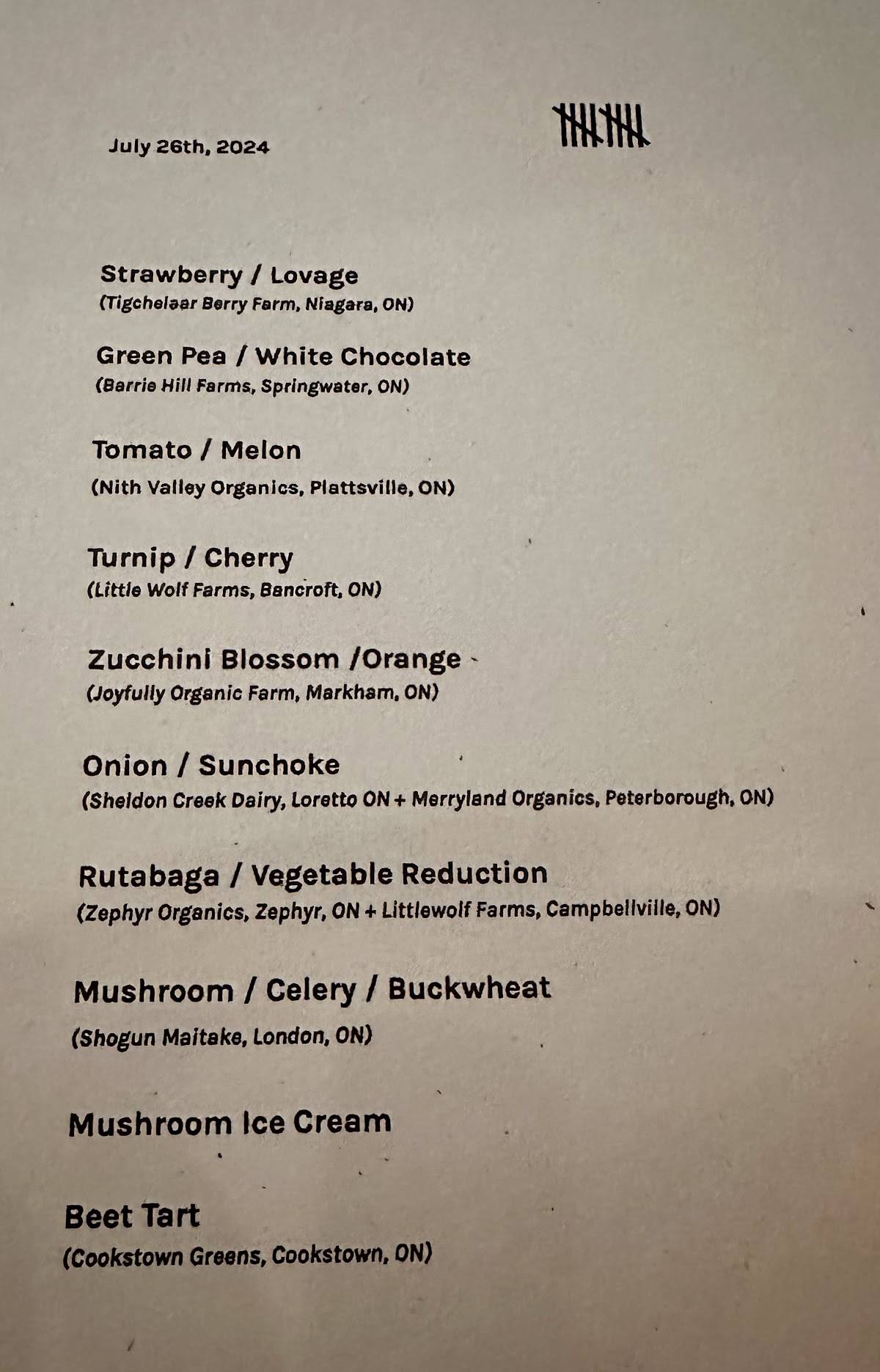 Menu at Ten Restaurant, Toronto