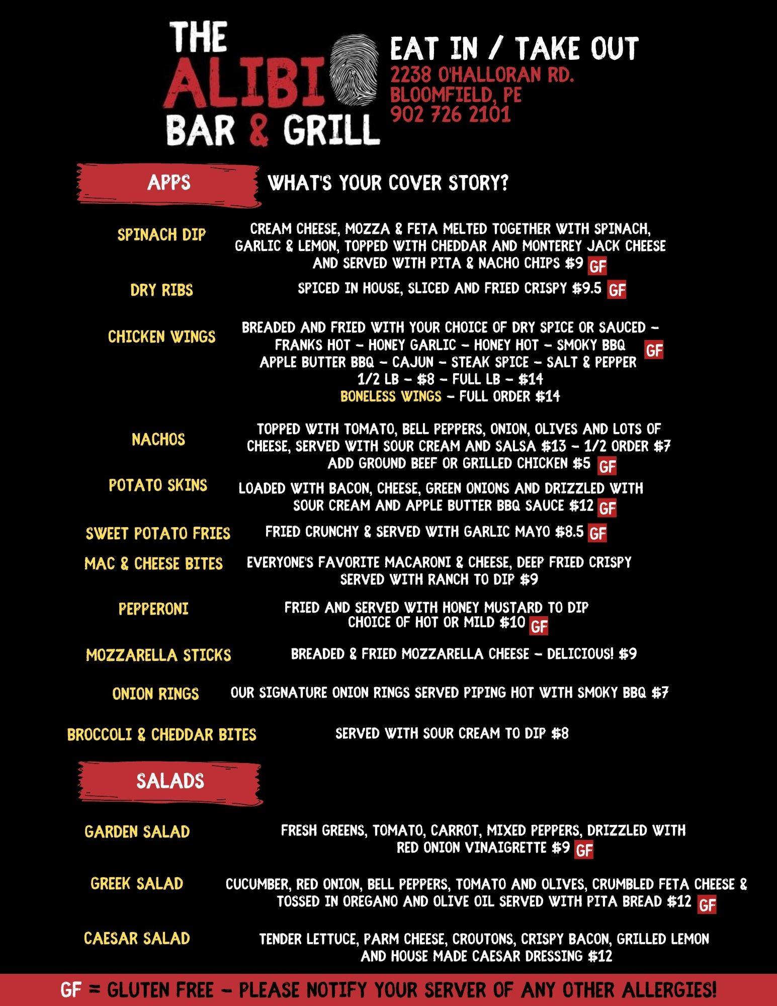 Menu at The Alibi Bar And Grill, Canada