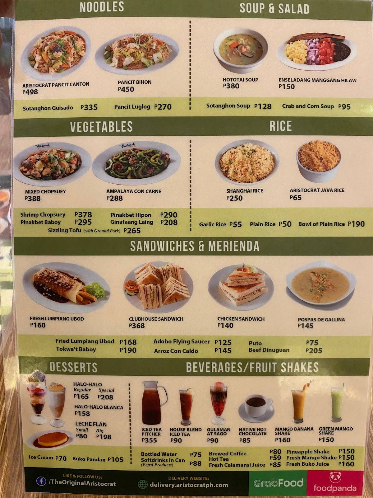Menu at The Aristocrat Restaurant - Robinsons Place Manila, Manila ...