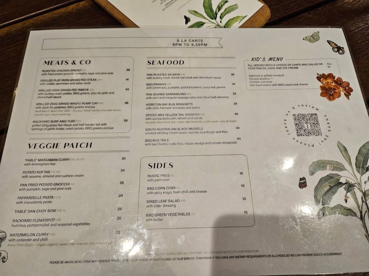 Menu at The Backyard Cairns restaurant, Cairns