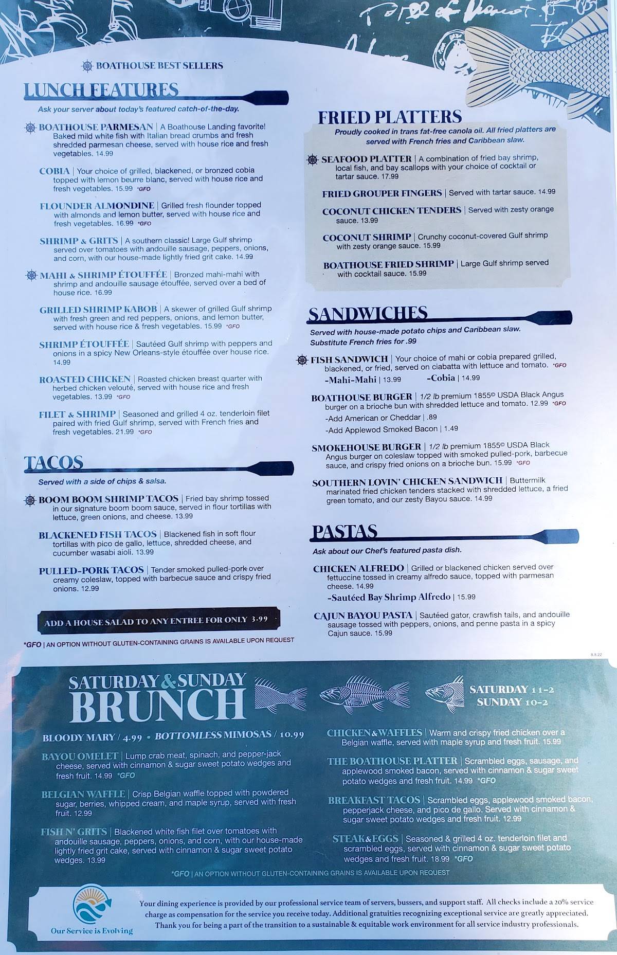 Menu at The Boathouse Landing restaurant, Valparaiso
