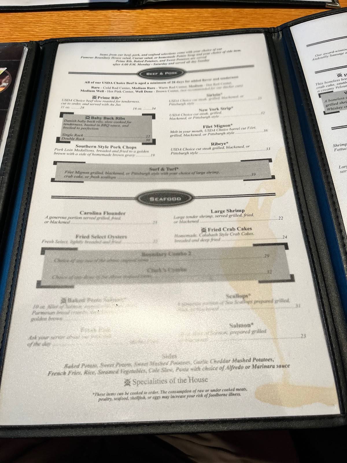 Menu at The Boundary House Restaurant, Calabash