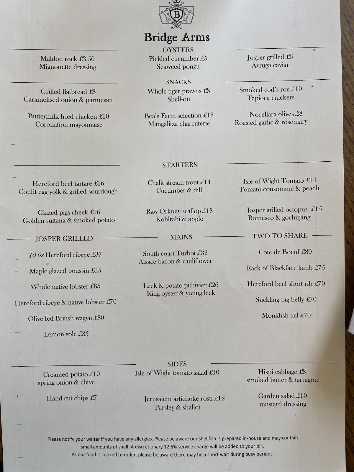 Menu at The Bridge Arms restaurant, Canterbury