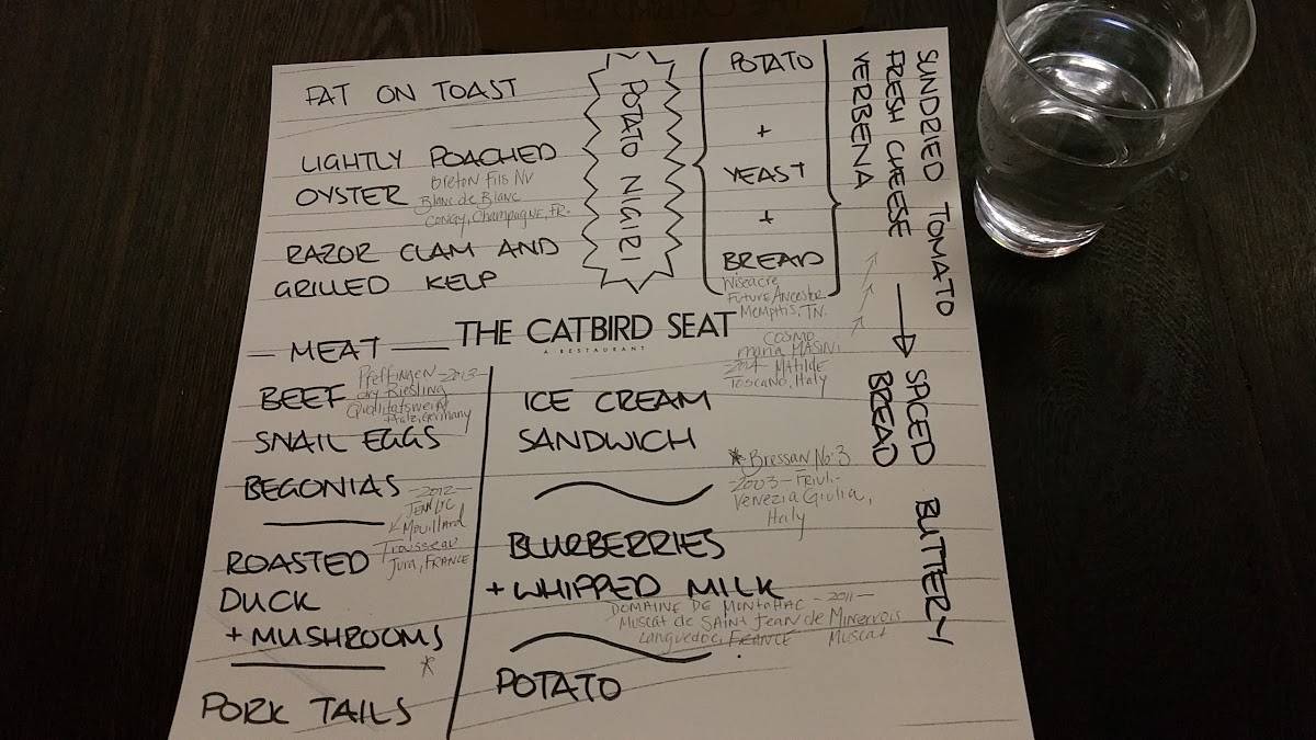 Menu at The Catbird Seat restaurant, Nashville