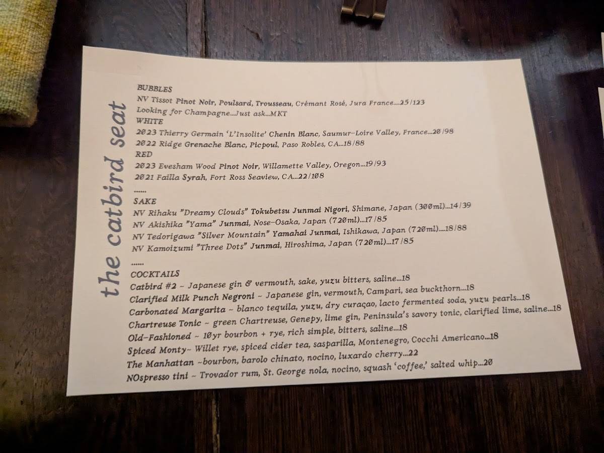 Menu at The Catbird Seat restaurant, Nashville
