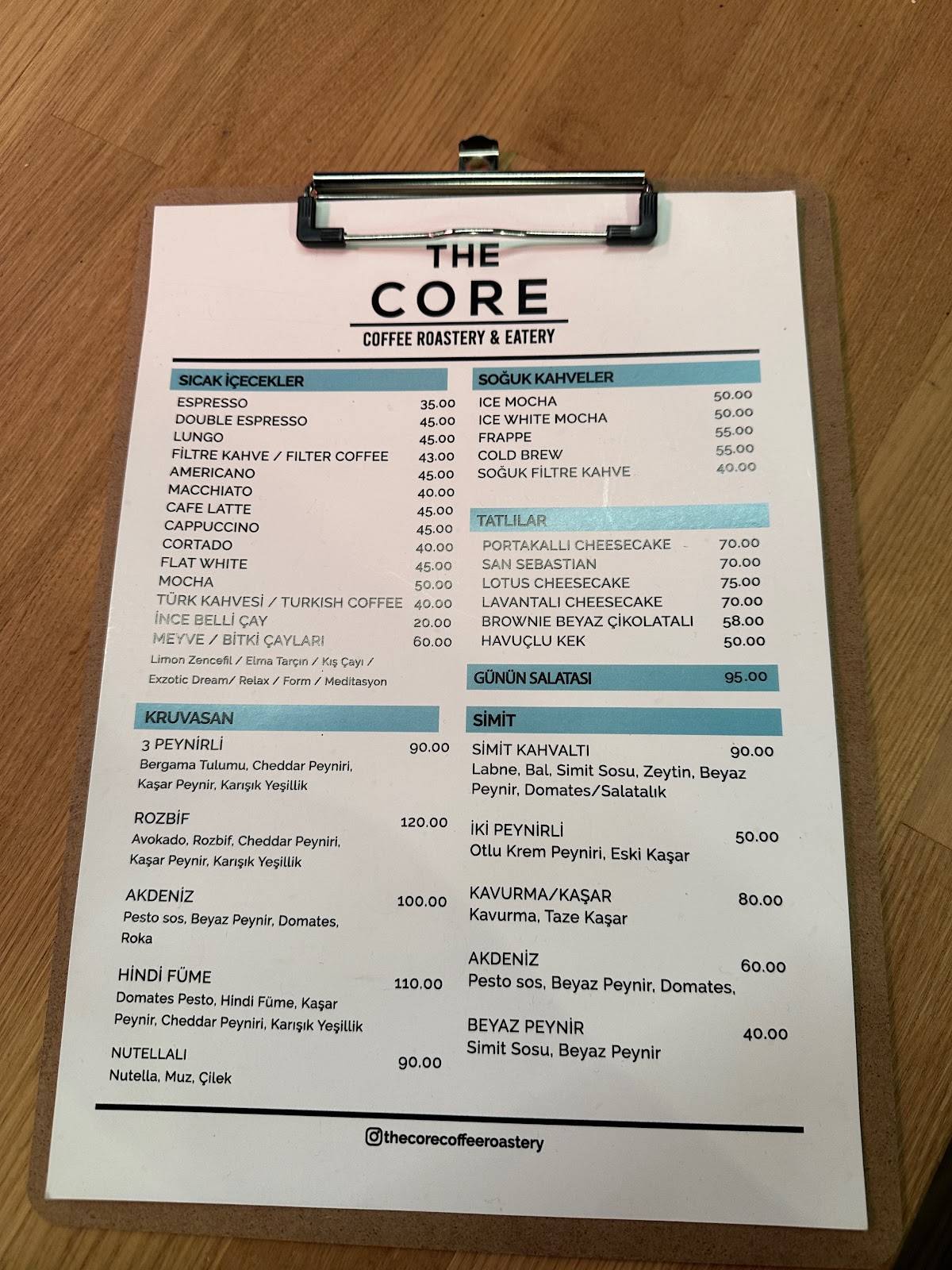 Carta de The Core Coffee Roastery & Eatery Fenerbahçe, Estambul