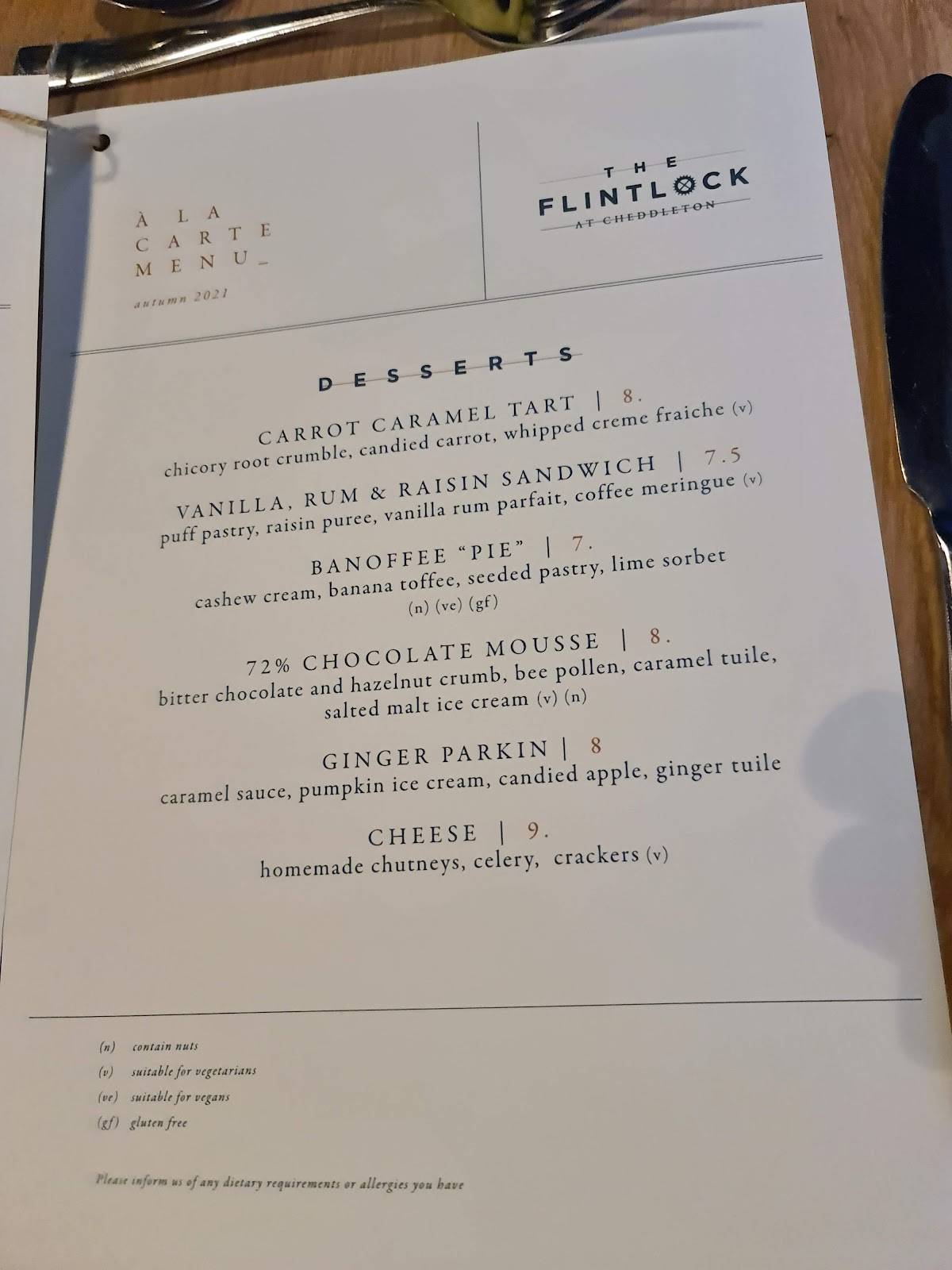 Menu at The Flintlock at Cheddleton restaurant, Leek