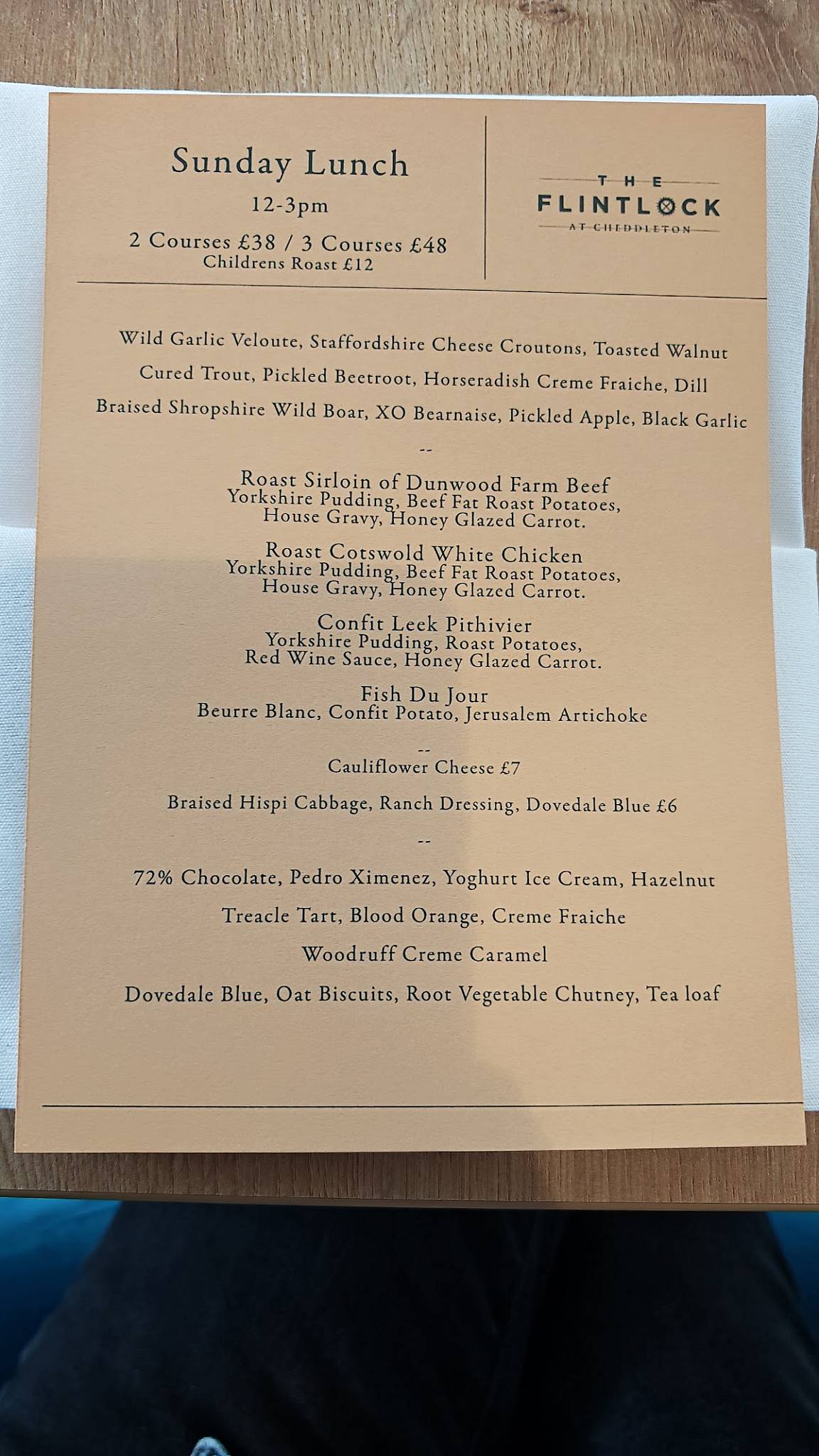 Menu at The Flintlock at Cheddleton restaurant, Leek