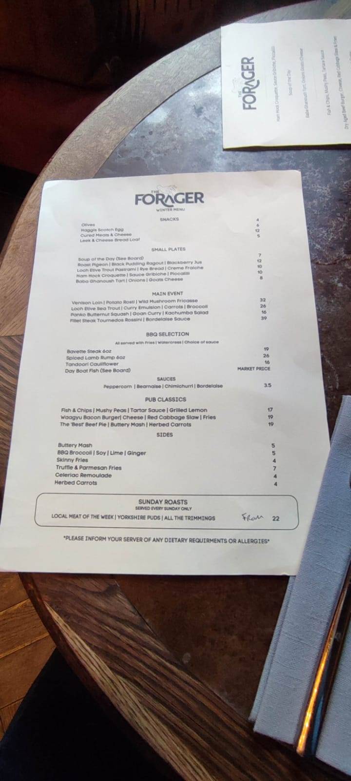 Menu at The Forager restaurant, Dollar, 19-23 Bridge St