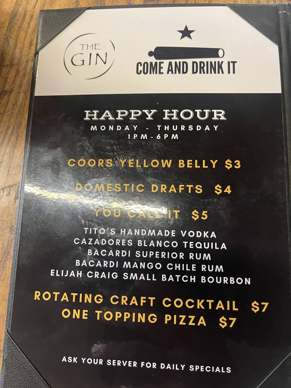 Menu at The Gin restaurant, Prosper, 204 W Broadway St