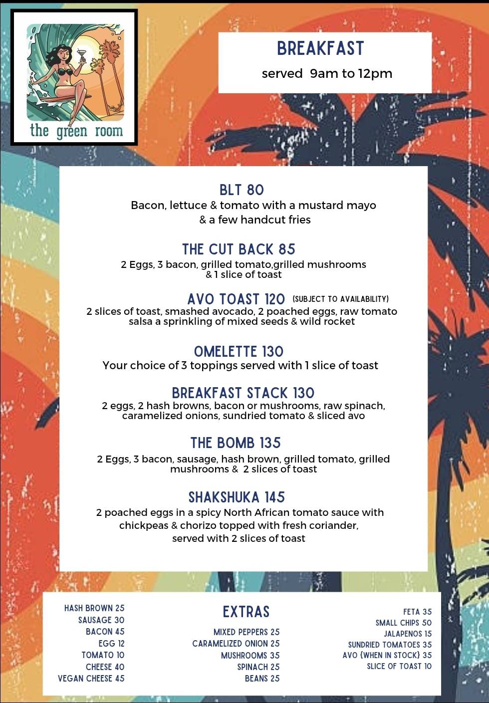 Menu at The Green Room restaurant, Cape Town