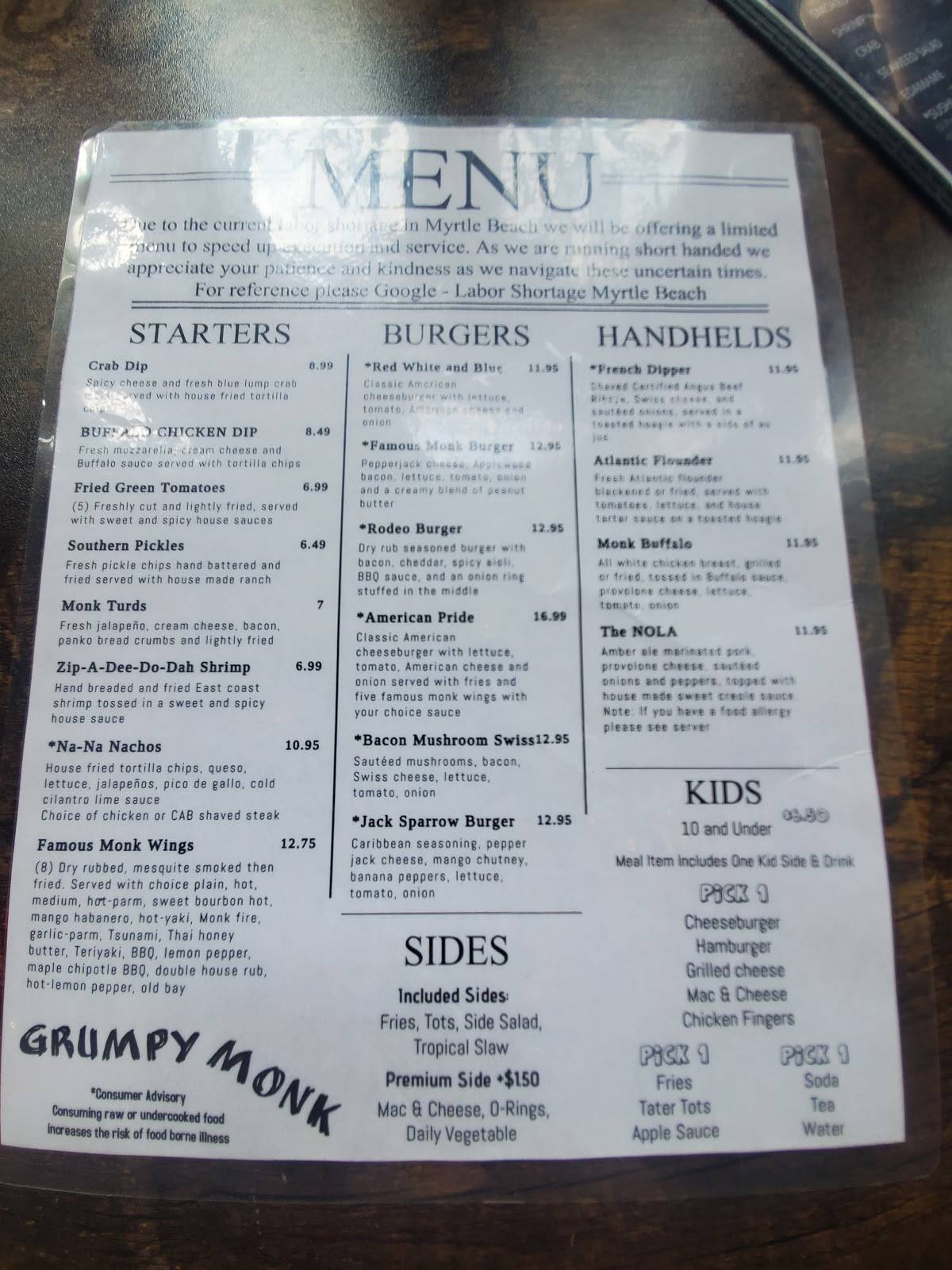 Menu at The Grumpy Monk Broadway restaurant, Myrtle Beach