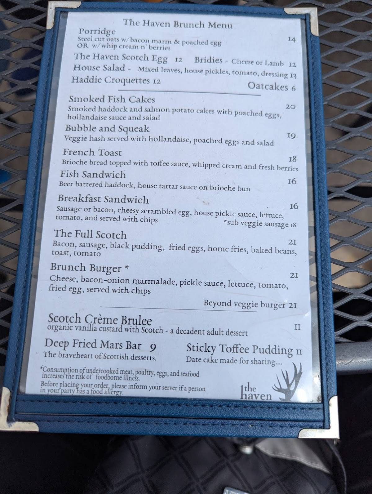 Menu at The Haven restaurant, Boston, JPNDC Brewery Complex
