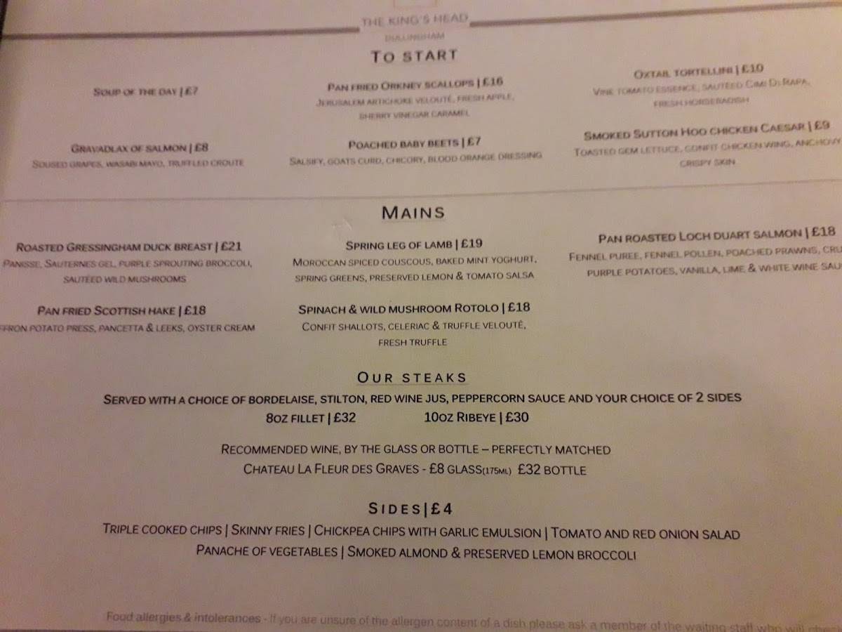 Menu at The Kings Head restaurant, Dullingham