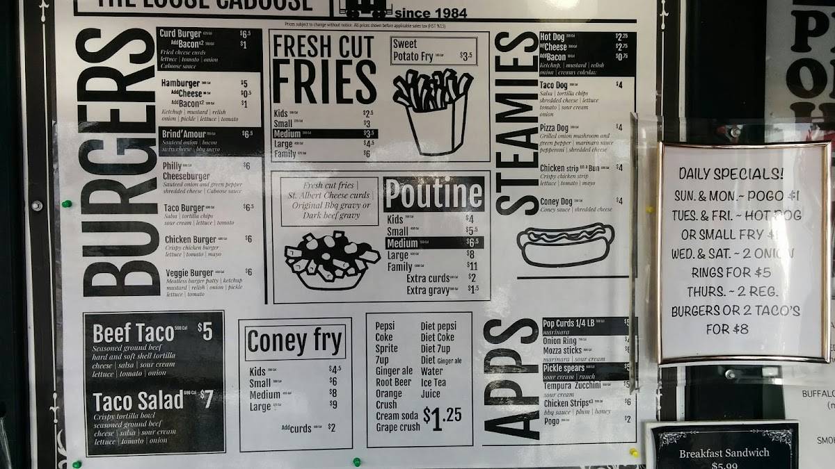 Menu at The Loose Caboose restaurant, Cornwall