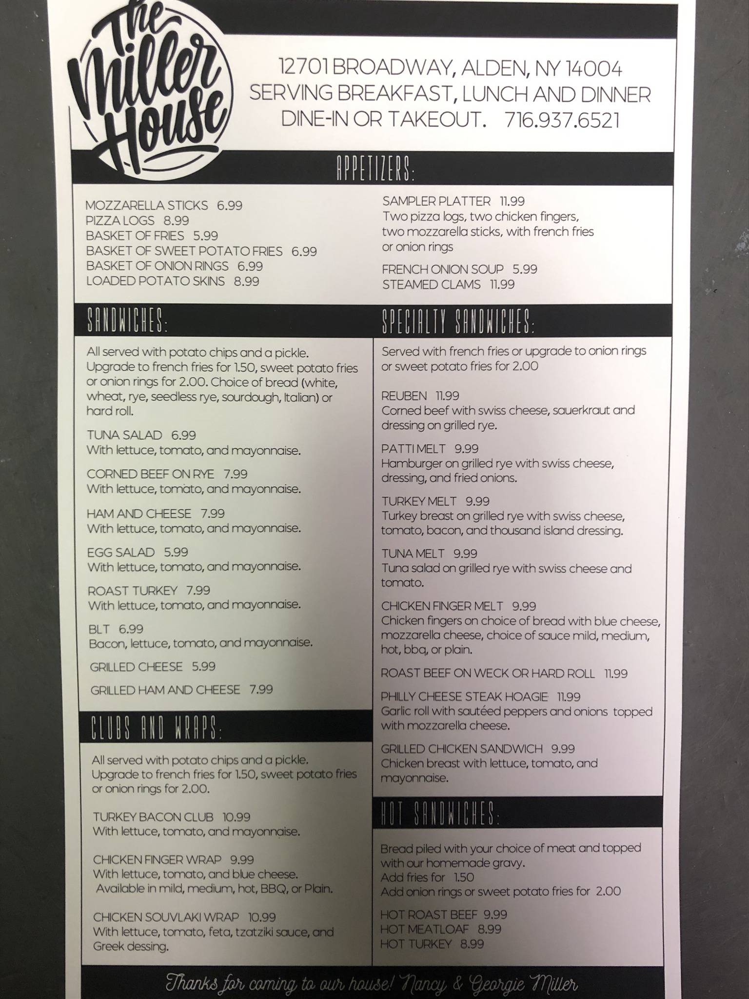 Menu at The Miller House restaurant, Alden