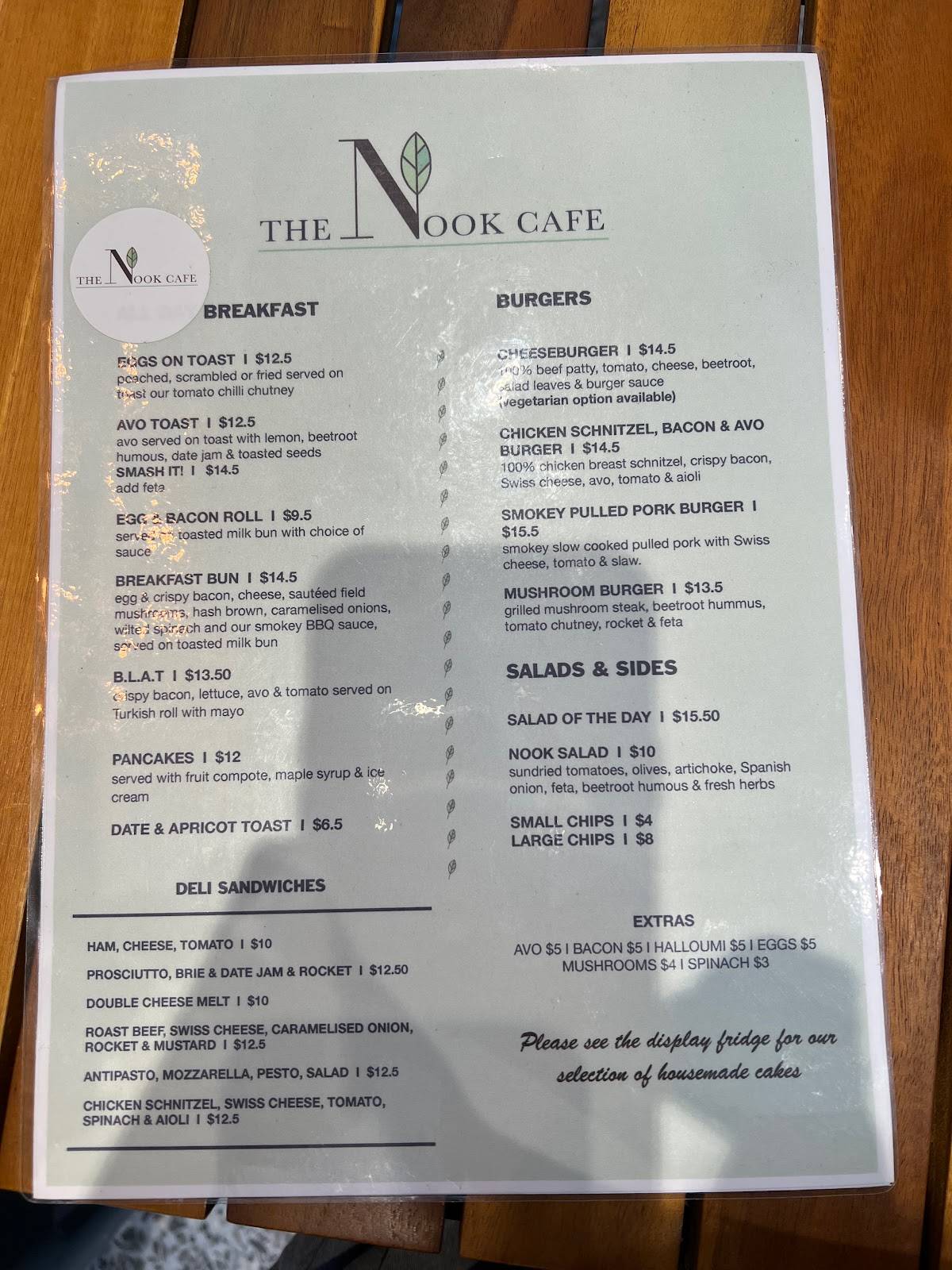 Menu at The Nook Cafe, Oak Flats