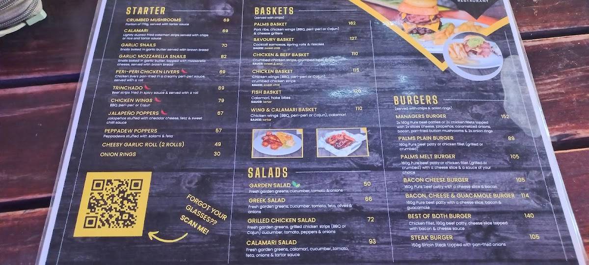 Menu at The Palms Restaurant, Cape Town