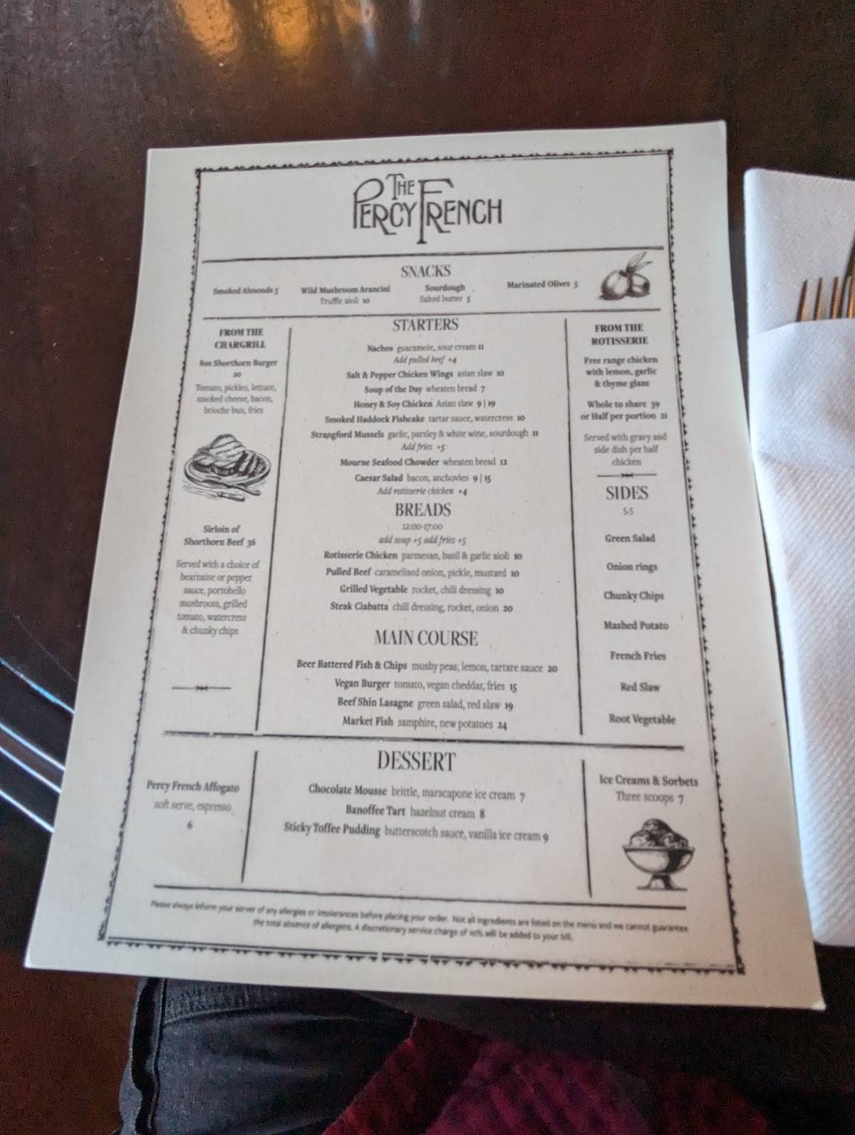 Menu at The Percy French restaurant, Newcastle, Downs Rd
