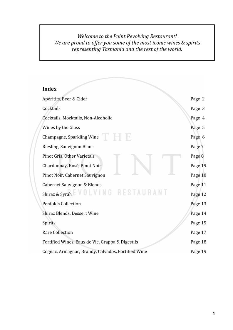 Menu at The Point Revolving Restaurant, Sandy Bay, 410 Sandy Bay Rd