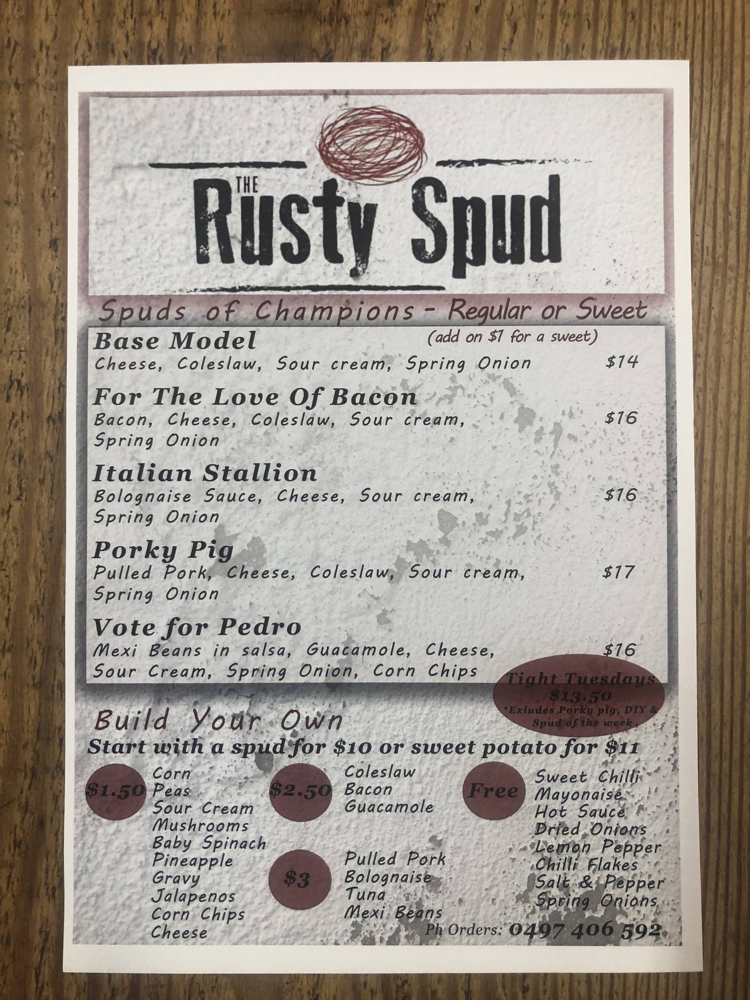Menu at The Rusty Spud restaurant, Ballarat Central