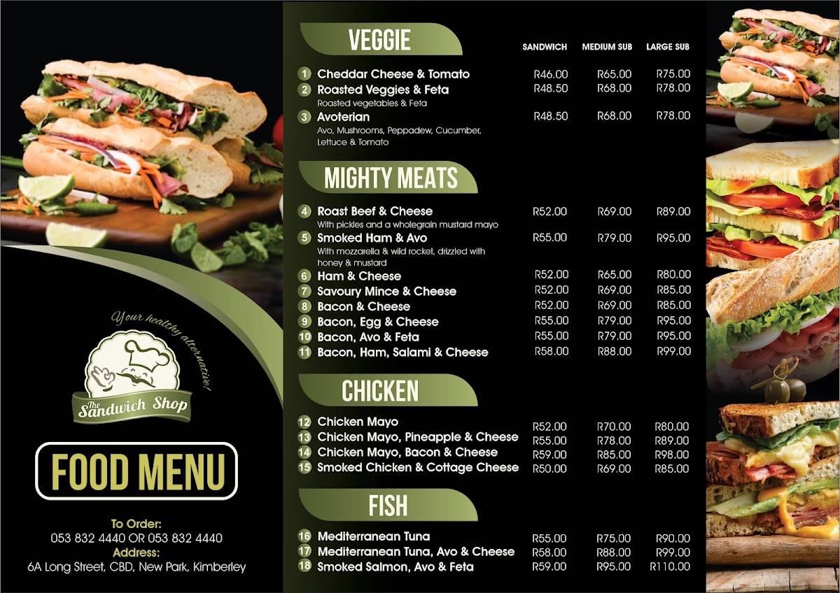 Menu at The Sandwich Shop restaurant, Kimberley