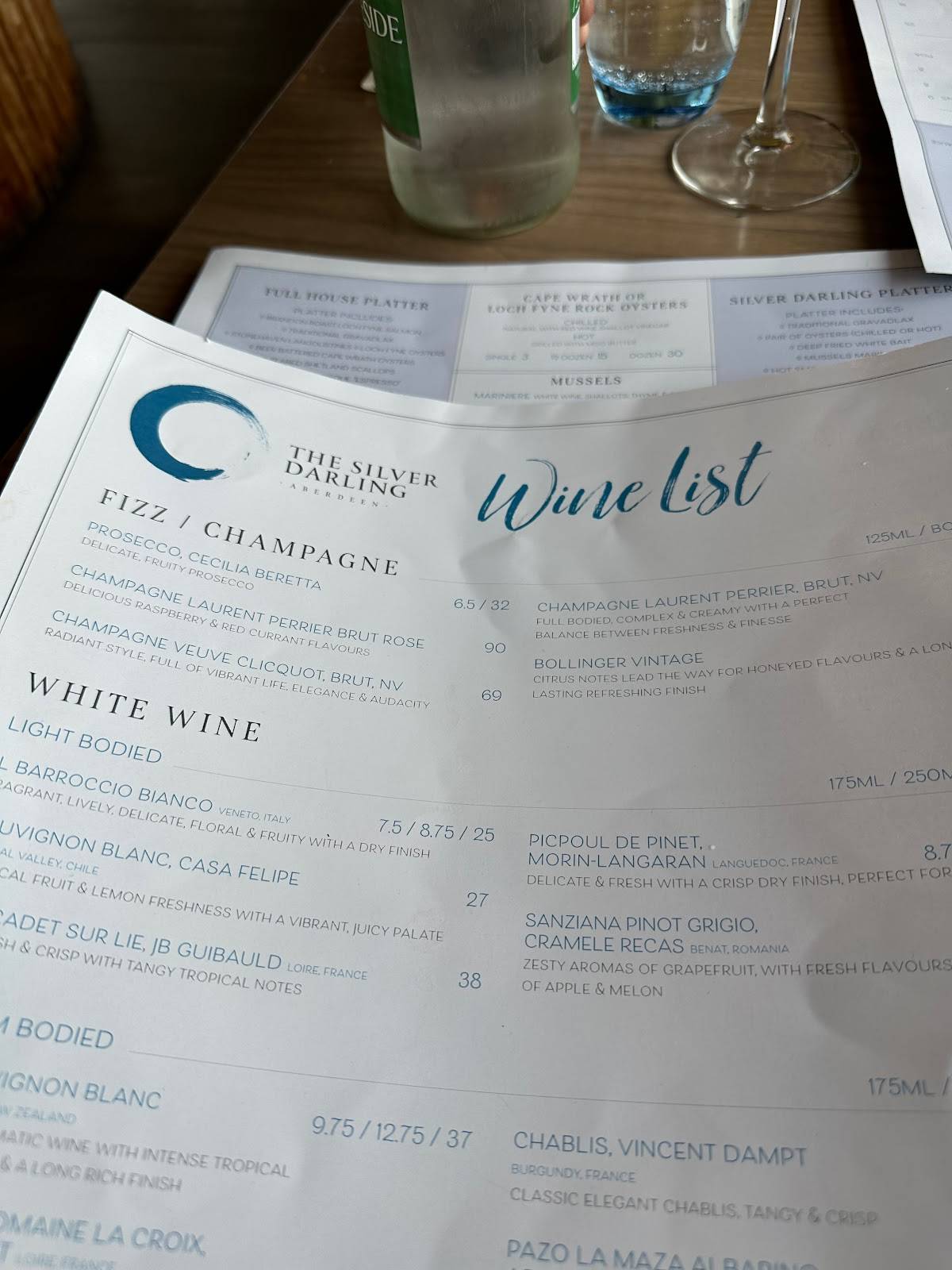 Menu at The Silver Darling restaurant, Aberdeen