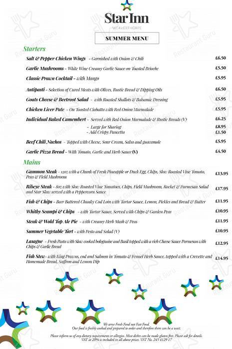 Menu at Star Inn pub & bar, Weaverthorpe