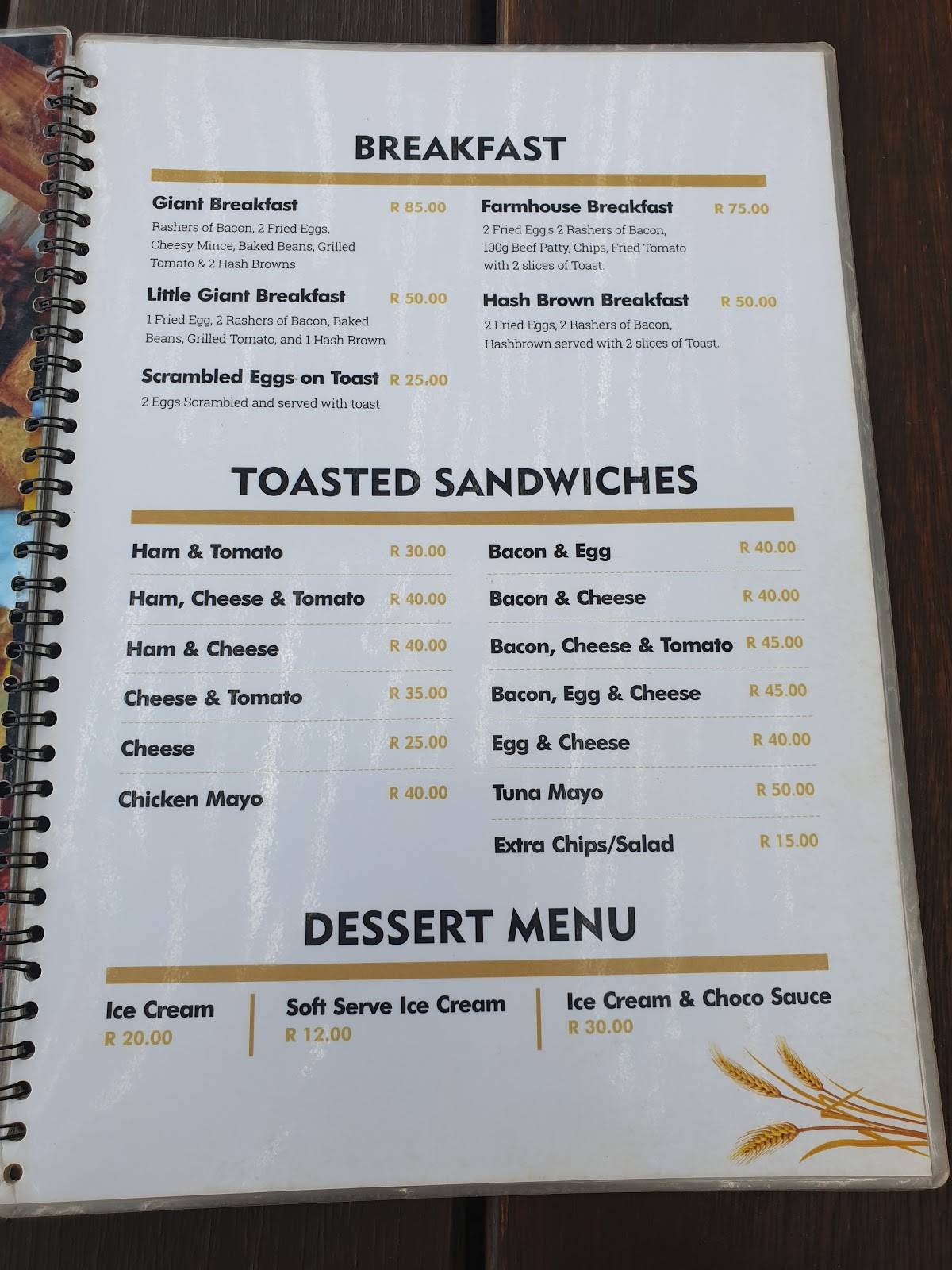 Menu at The Thatch Cafe, South Africa, 520 Kromdraai Road