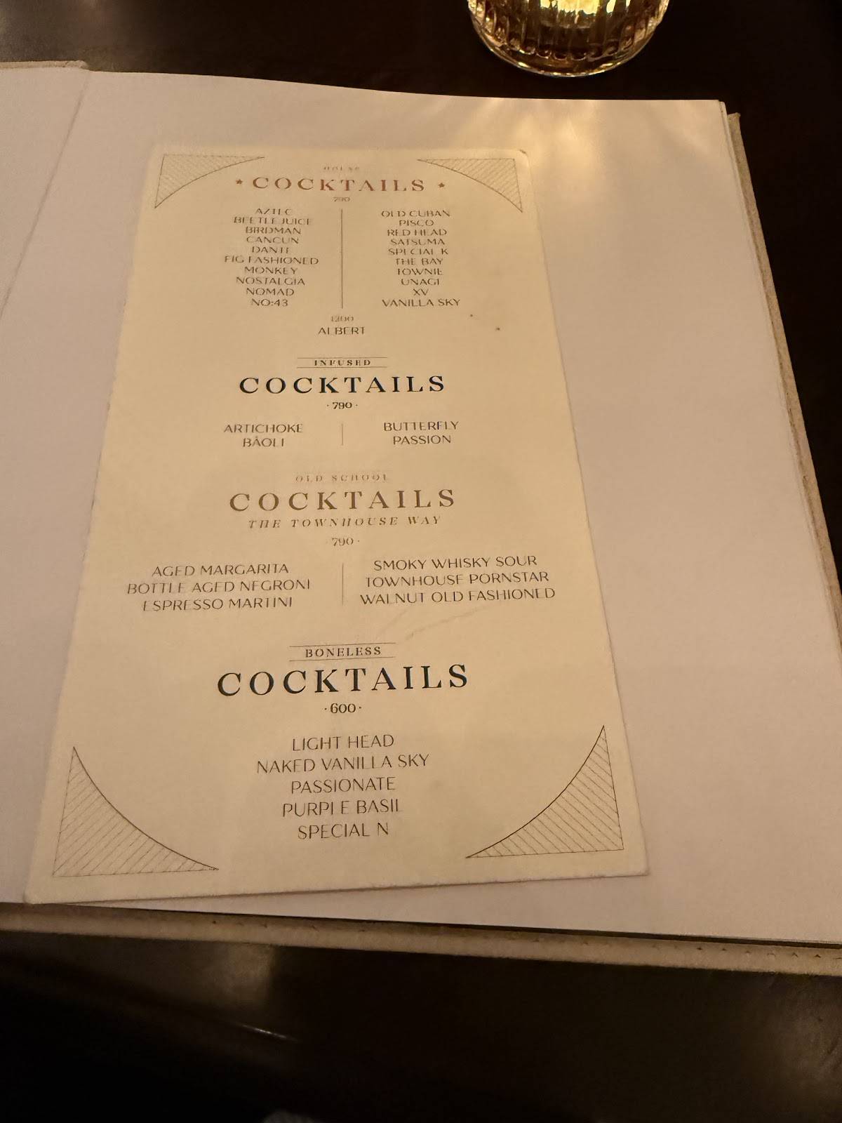 Menu at The Townhouse restaurant, Istanbul