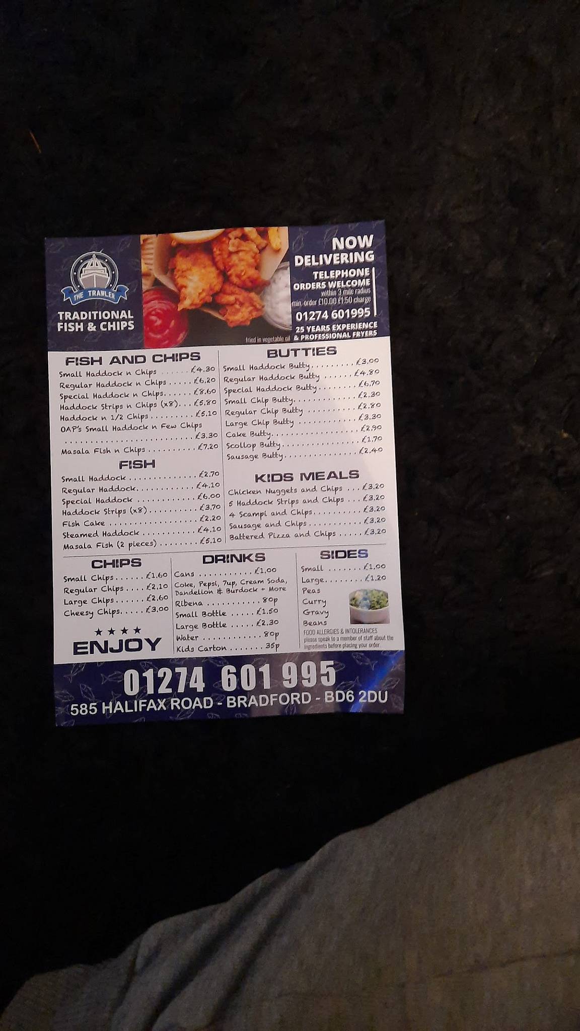 Menu at The Trawler fast food, Bradford