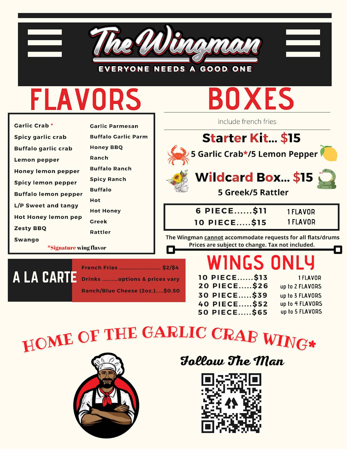 Carta del restaurante The Wingman, Tallahassee