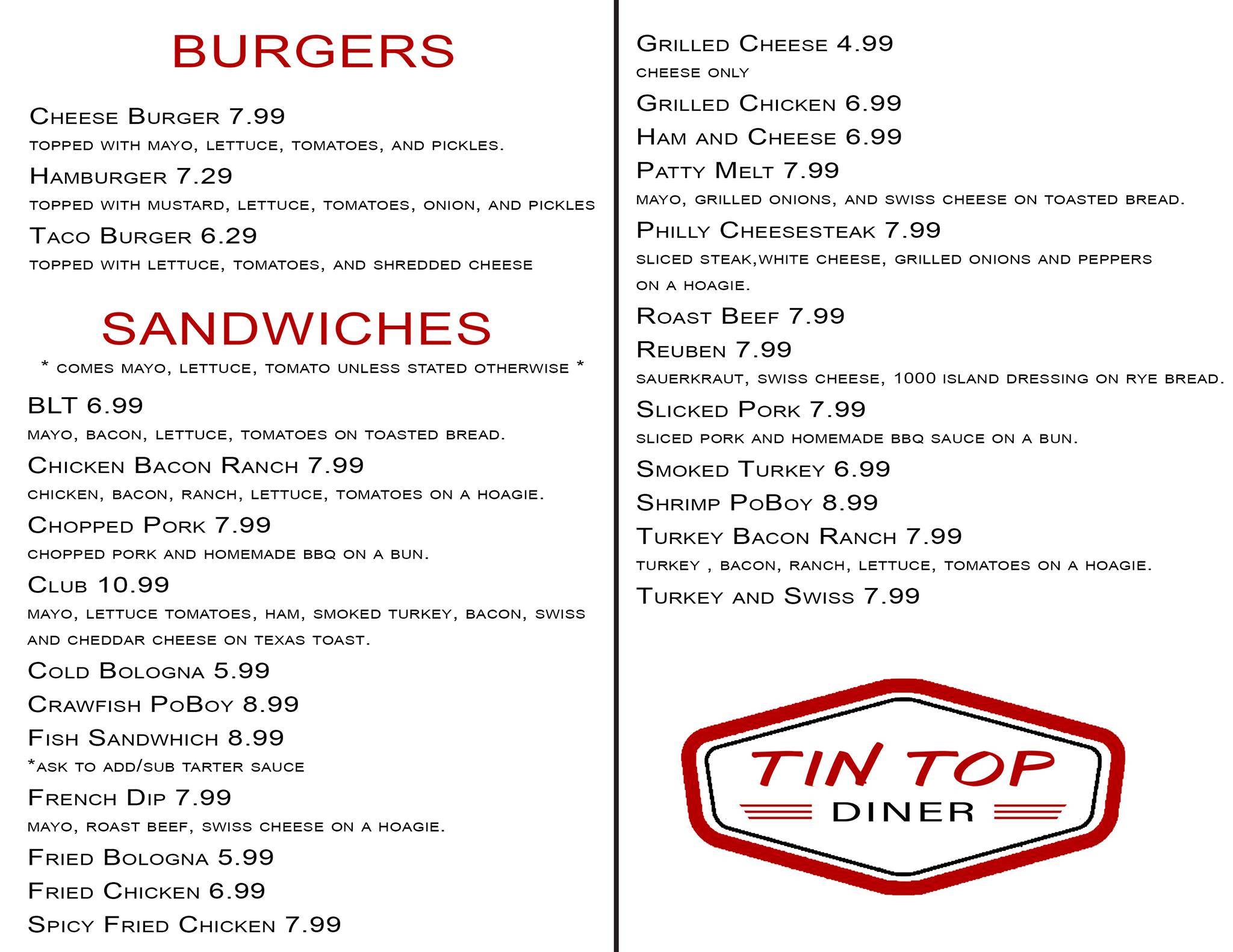 Menu at Tin Top Diner restaurant, East Camden, 400 AR-274