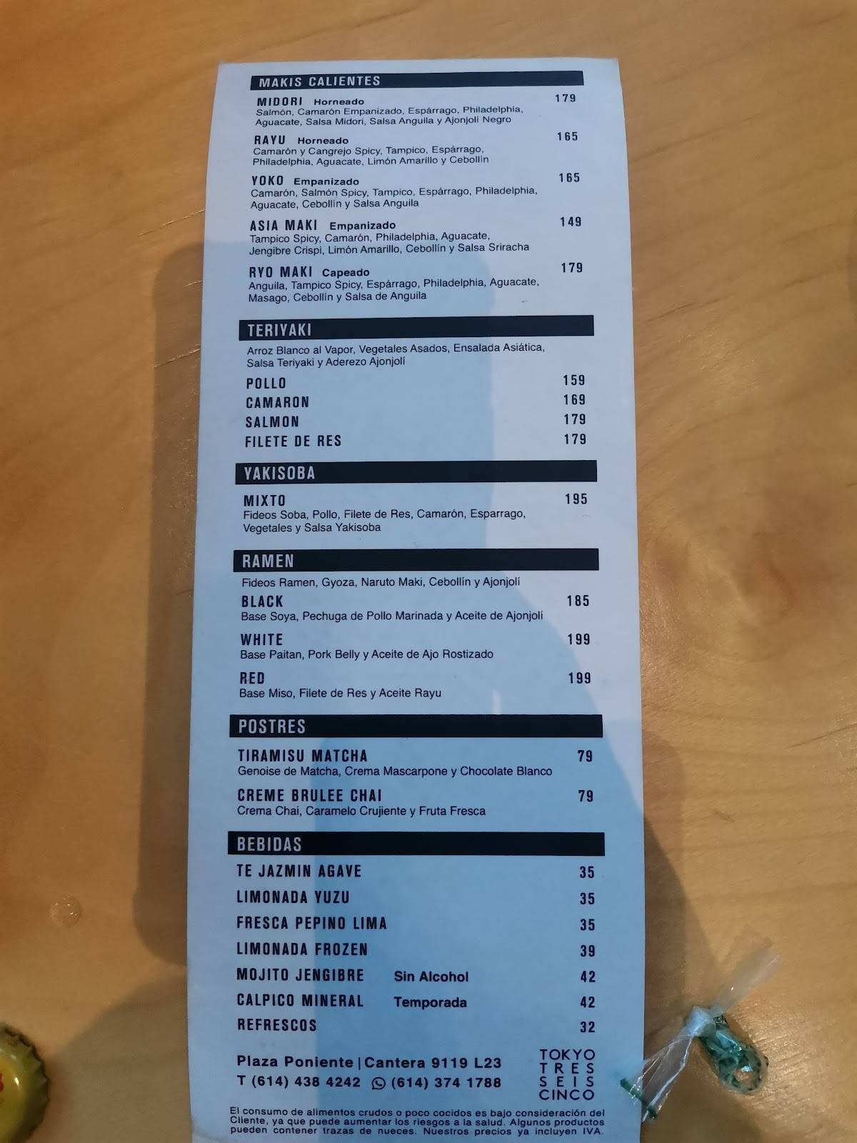 Carta del restaurante Tokyo365, Chihuahua